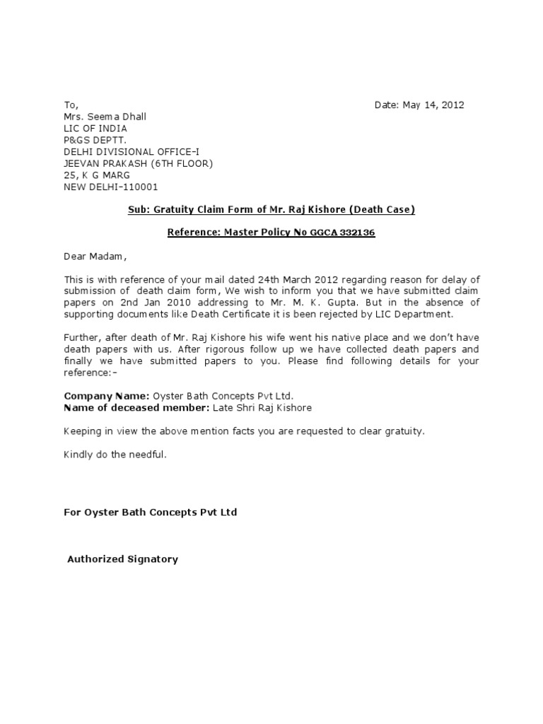 Sub: Gratuity Claim Form of Mr. Raj Kishore (Death Case) Reference ...