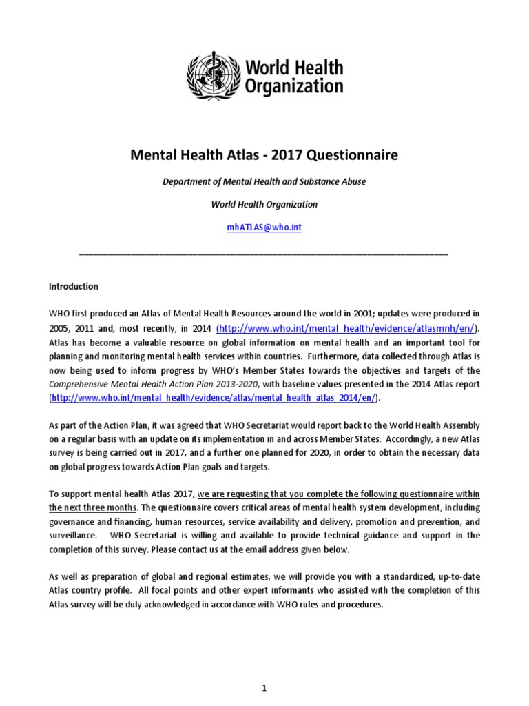 Mental Health Atlas 2017 Questionnaire | PDF | Patient | Psychiatric ...