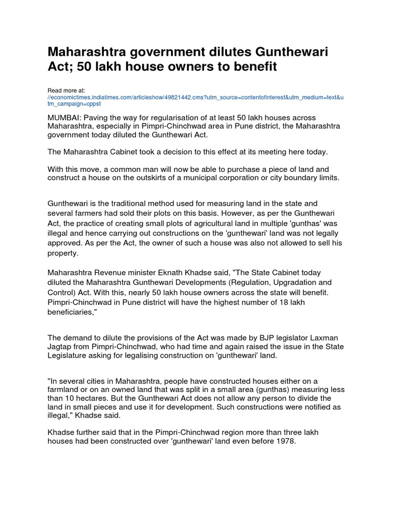 Maharashtra Government Dilutes Gunthewari Act | PDF | Government ...