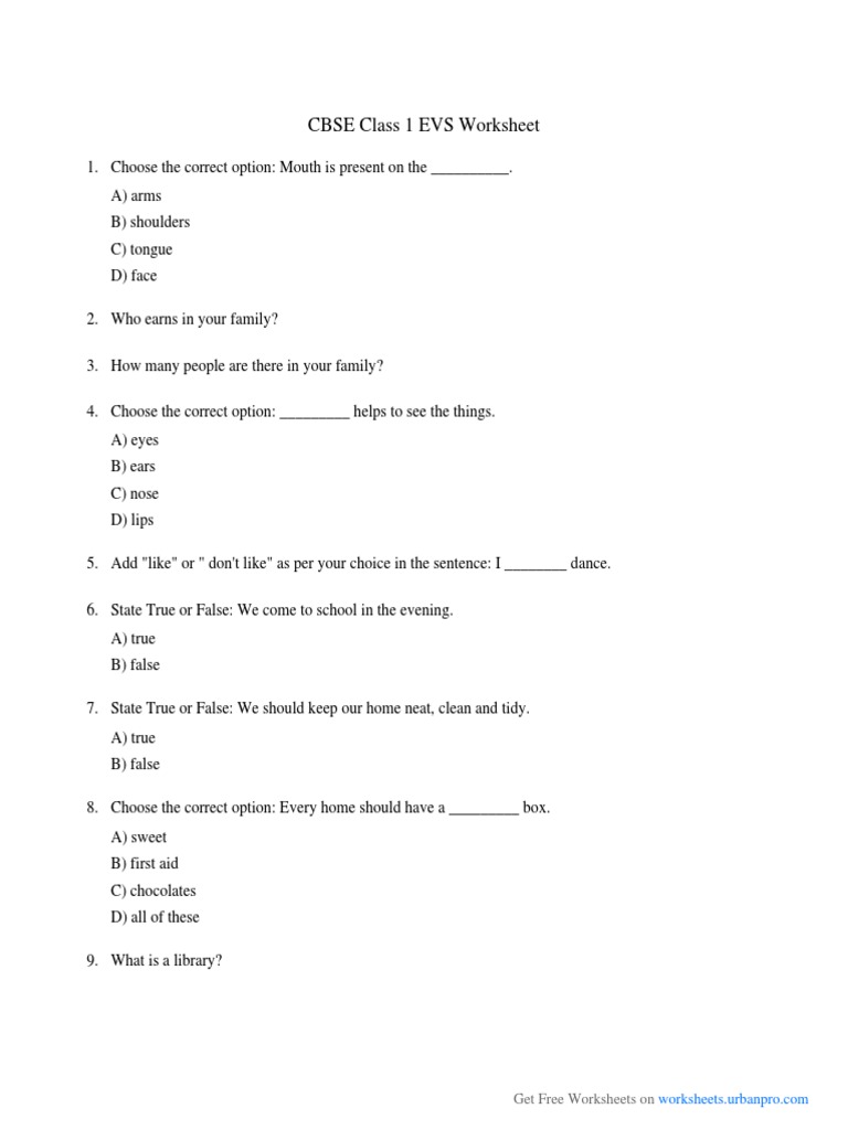 CBSE Class 1 EVS Worksheet | PDF | Leisure