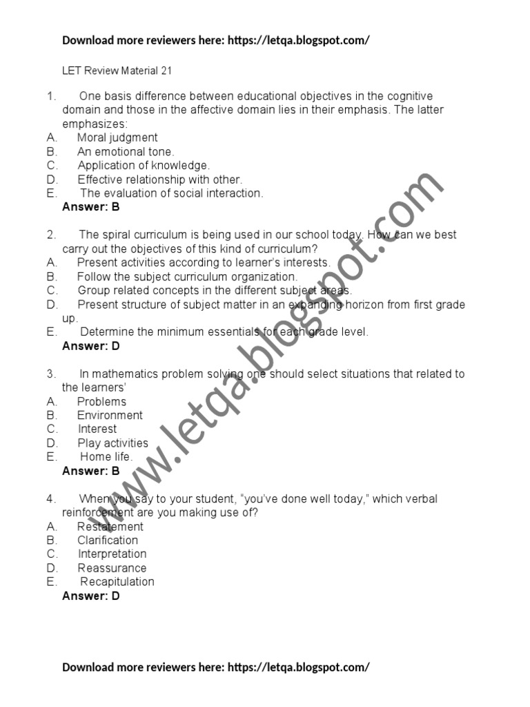 LET Review Material 21 | PDF | Learning | Teachers