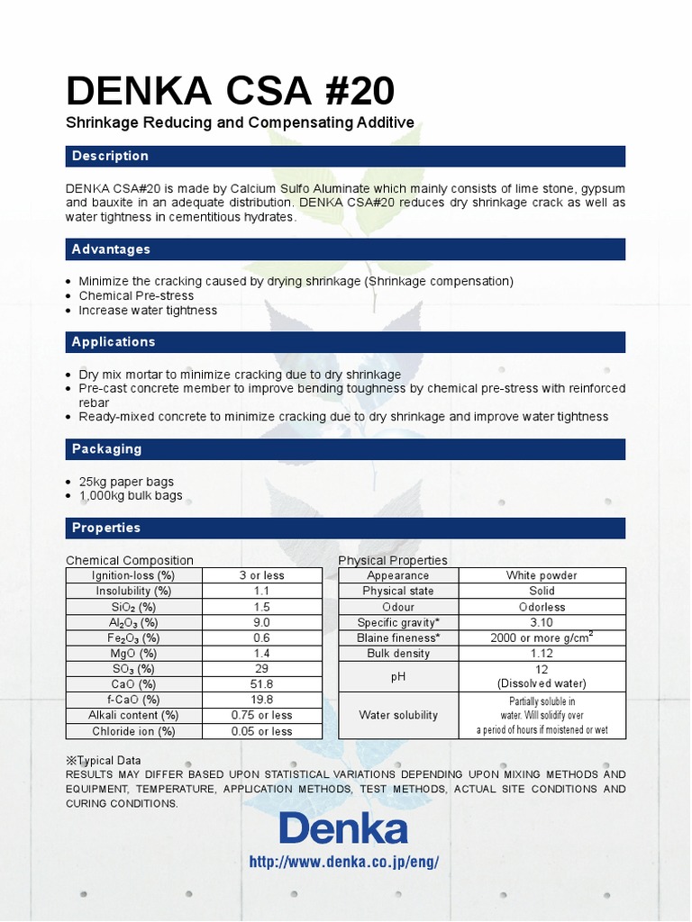 Denka Csa #20: Shrinkage Reducing and Compensating Additive | PDF | Solubility | Concrete