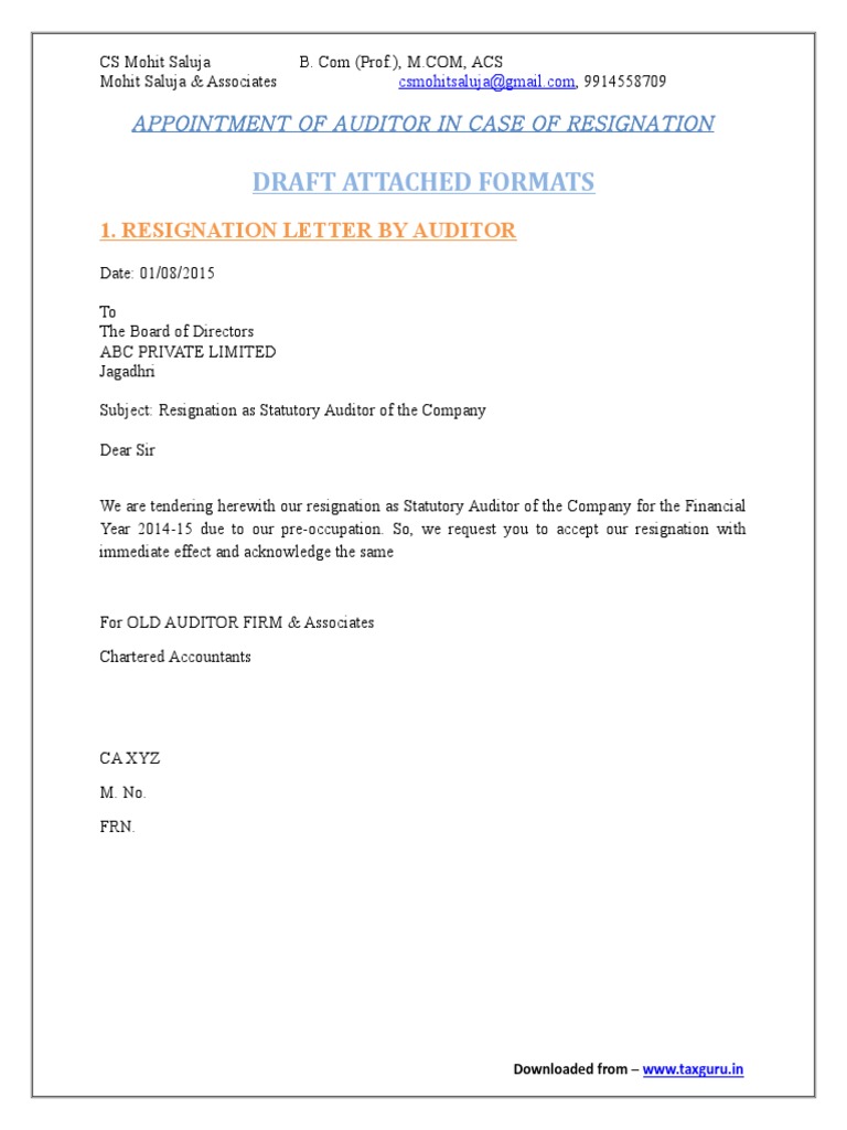 Draft Attached Formats: 1. Resignation Letter by Auditor | PDF | Board ...
