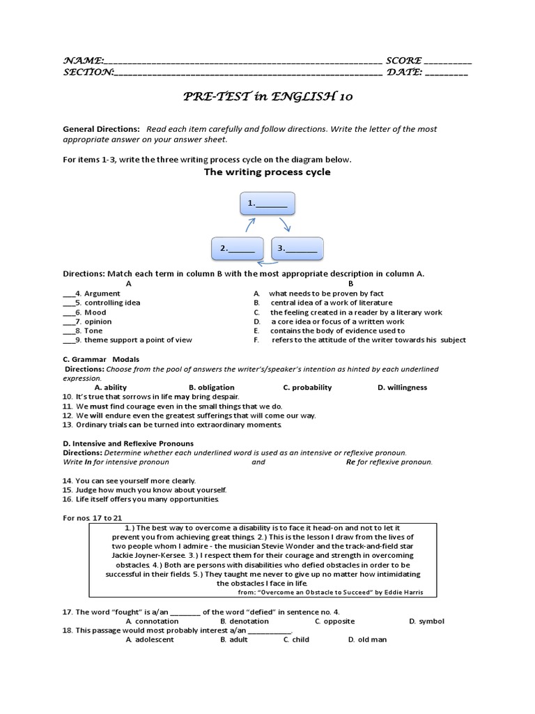 English10 PreTest | PDF | Salmon | Writers