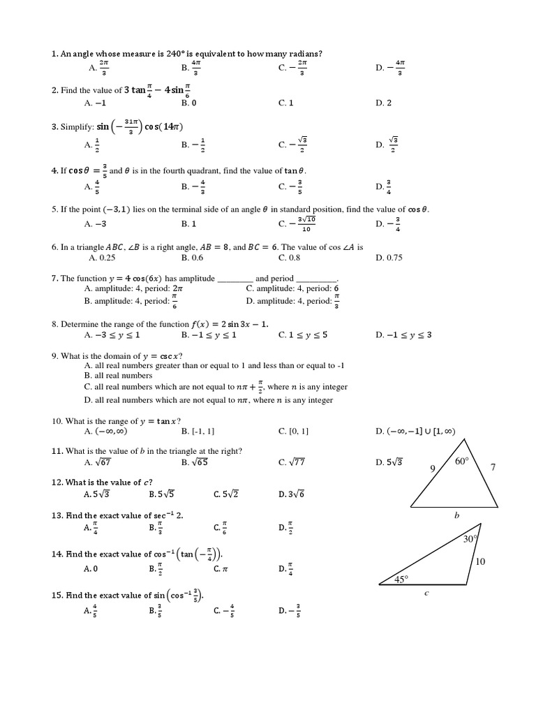 Review Exercises For Trigonometry | PDF | Trigonometric Functions | Sine