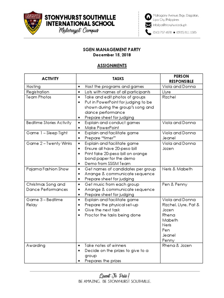 Pajama Party Assignments | PDF