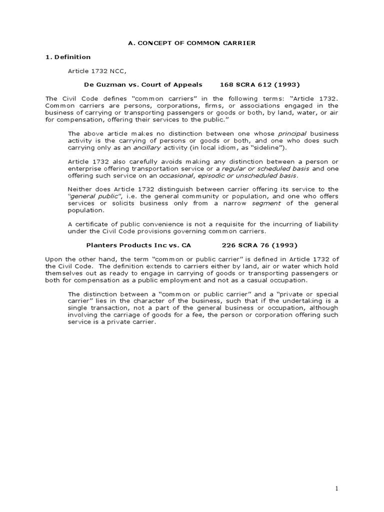A. Concept of Common Carrier 1. Definition | PDF | Common Carrier ...
