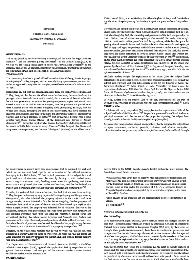 REPUBLIC v. RONALD M. COSALAN PDF | PDF | Ownership | Adverse Possession