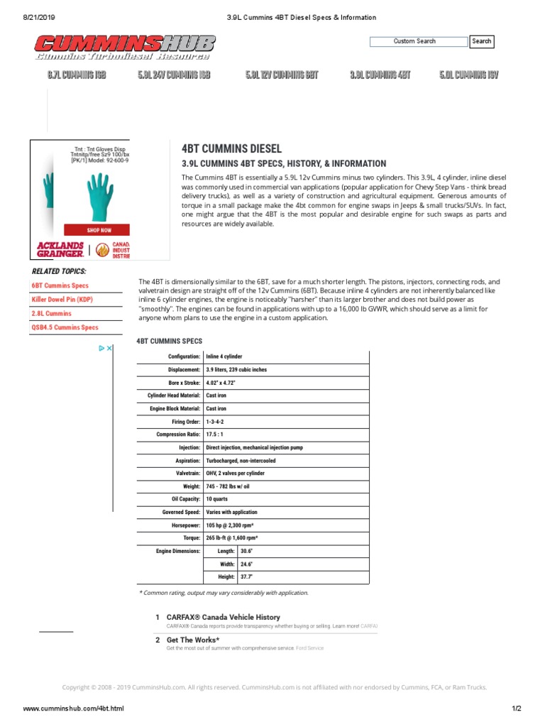 3.9L Cummins 4BT Diesel Specs & Information | PDF | Diesel Engine ...