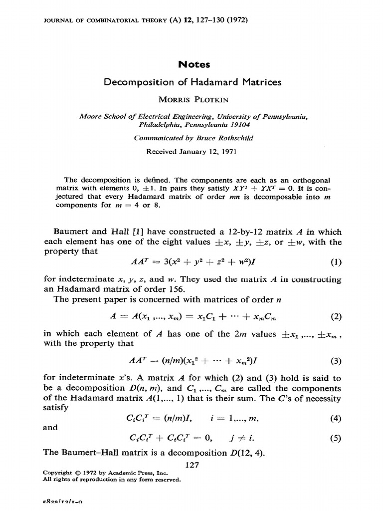 Decomposition of Hadamard Matrices: Journal of Combinatorial Theory | PDF | Matrix (Mathematics ...
