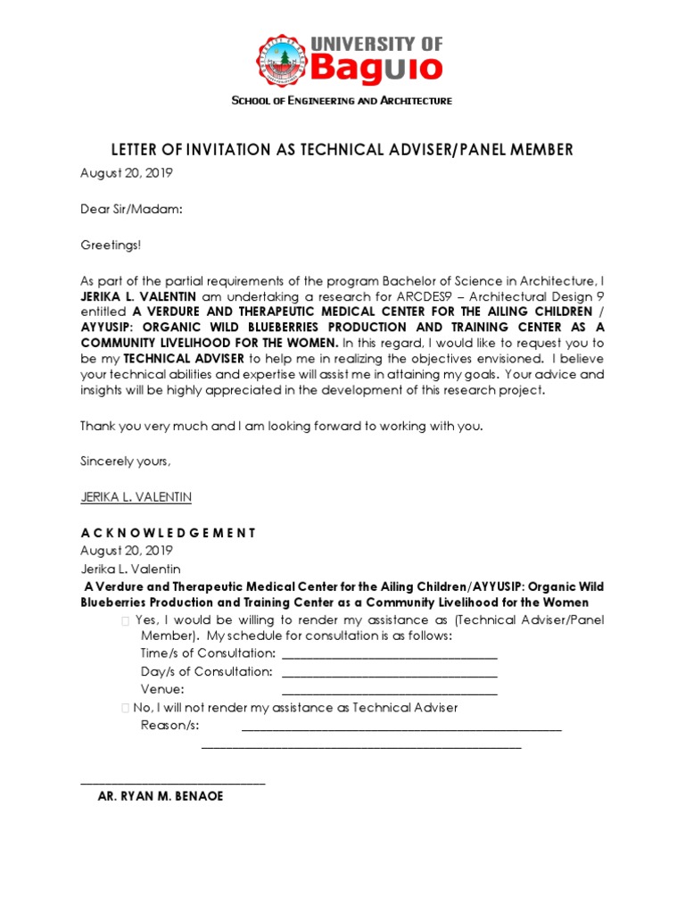 Letter of Invitation As Technical Adviser/Panel Member: Chool of ...