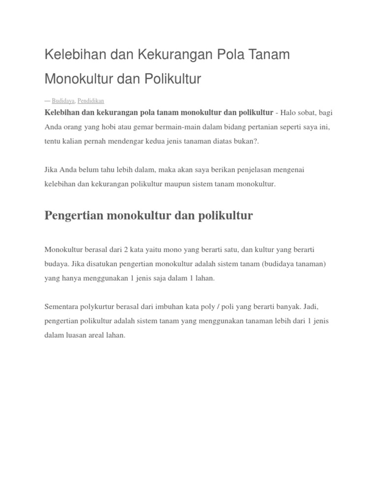 Kelebihan Dan Kekurangan Pola Tanam Monokultur Dan Polikultur | PDF