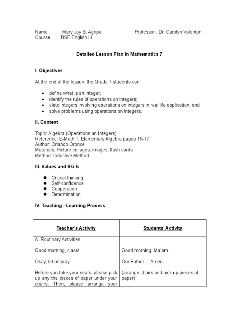 A Detailed Lesson Plan on Teaching Operations of Integers Through ...