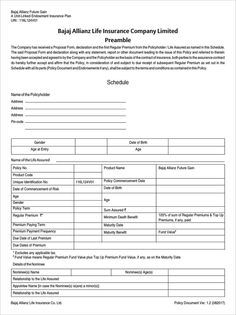 Bajaj Allianz Life Insurance Company Limited Preamble: Schedule | PDF ...
