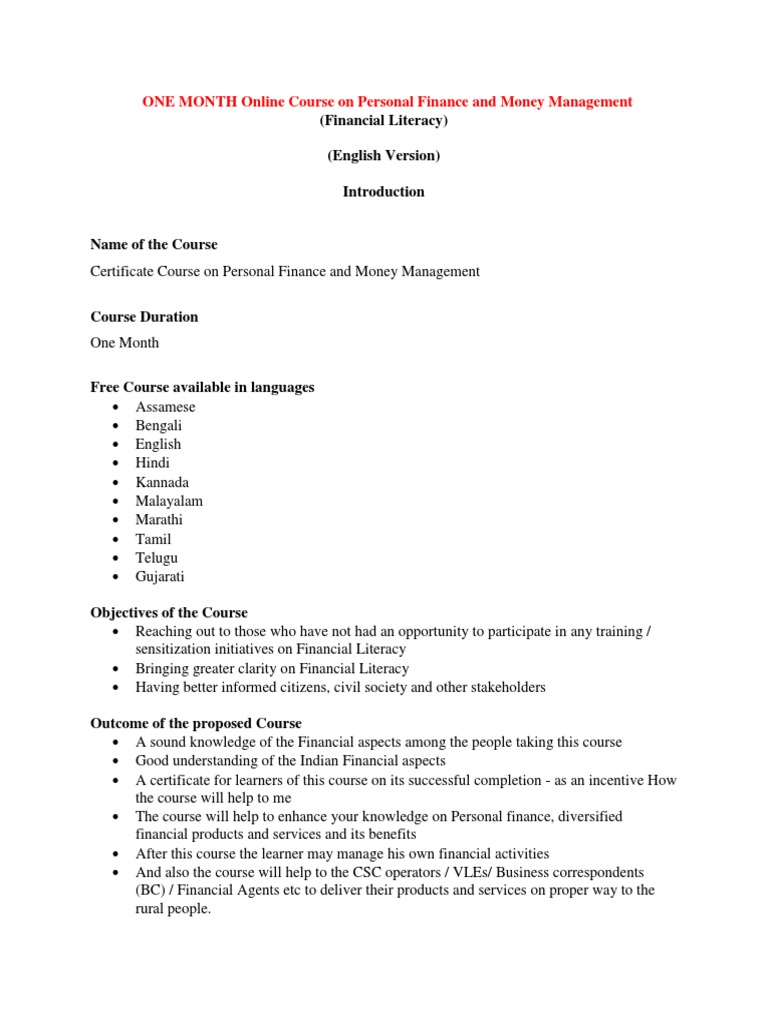 ONE MONTH Online Course On Personal Finance and Money Management | PDF ...