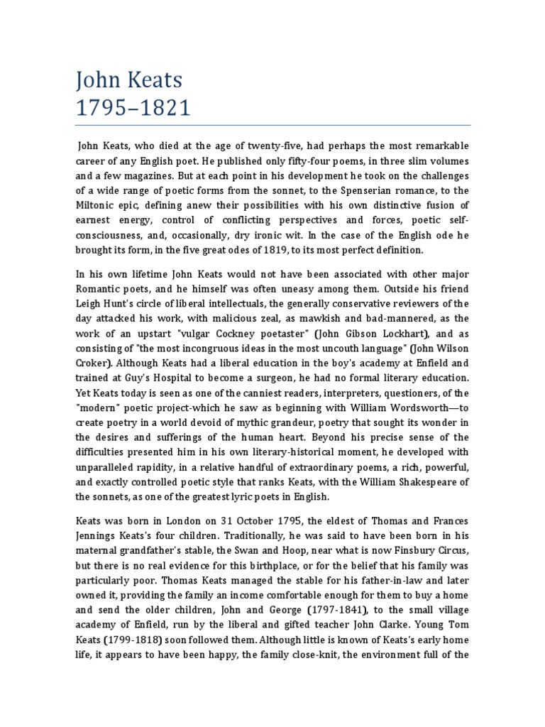 JOHN KEATS - Long Biography and Critique | PDF | John Keats | Percy ...