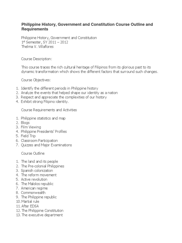 Philippine History, Government and Constitution Course Outline and ...