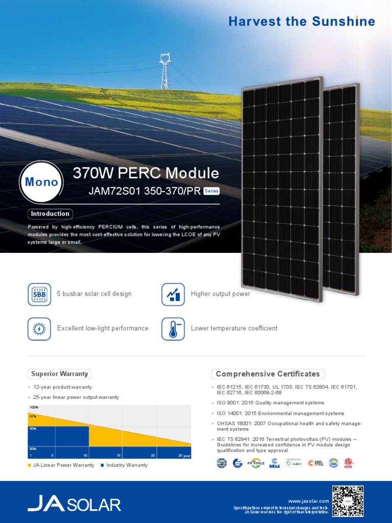 JA Solar 370W Module Datasheet | PDF | Photovoltaics | Solar Panel