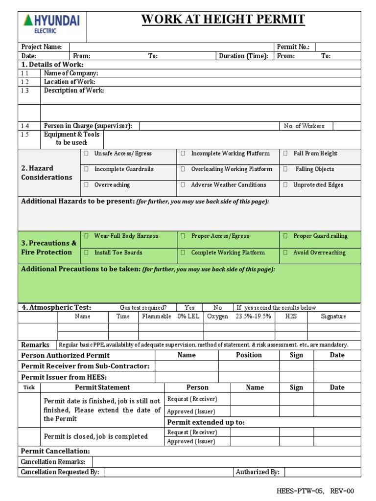 Ensuring Safety at Heights: A Work Permit Outlining Procedures and ...