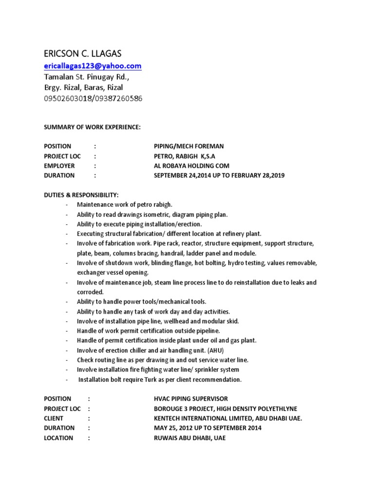 Piping and HVAC Foreman Resume | PDF | Pipe (Fluid Conveyance ...