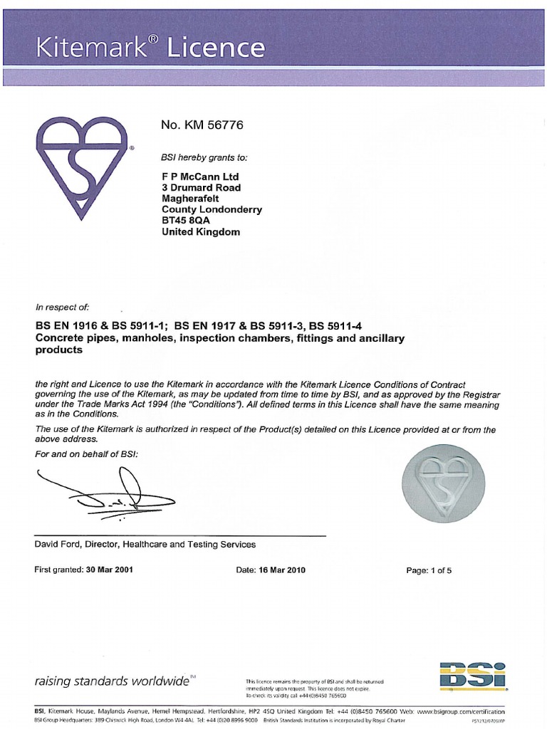 BS 5911 Certificate 2010 PDF | PDF