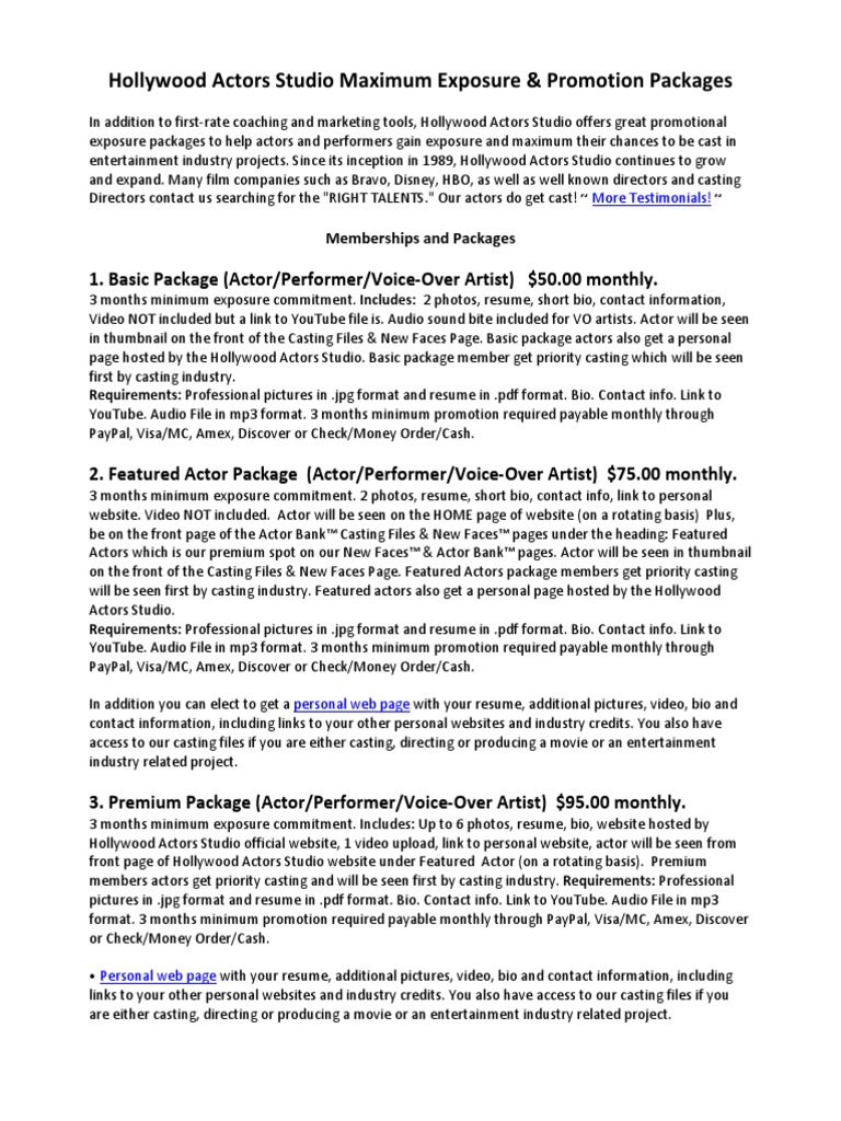 Hollywood Actors Studio Maximum Exposure & Promotion Packages | PDF ...