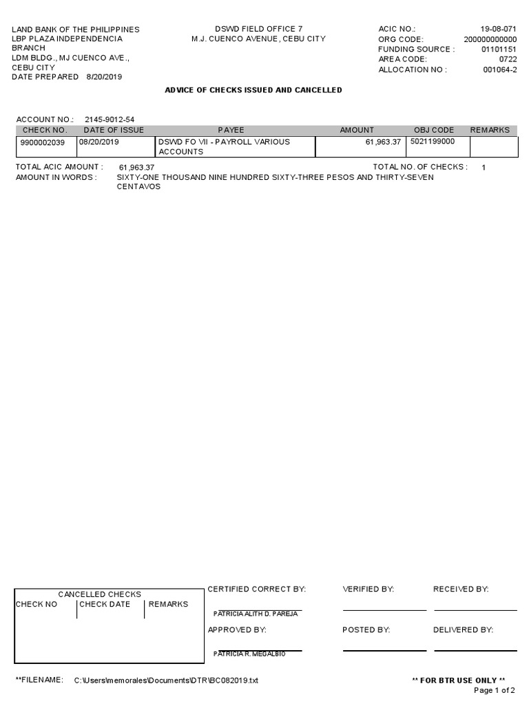 Advice of Checks Issued and Cancelled: Patricia Alith D. Pareja | PDF ...