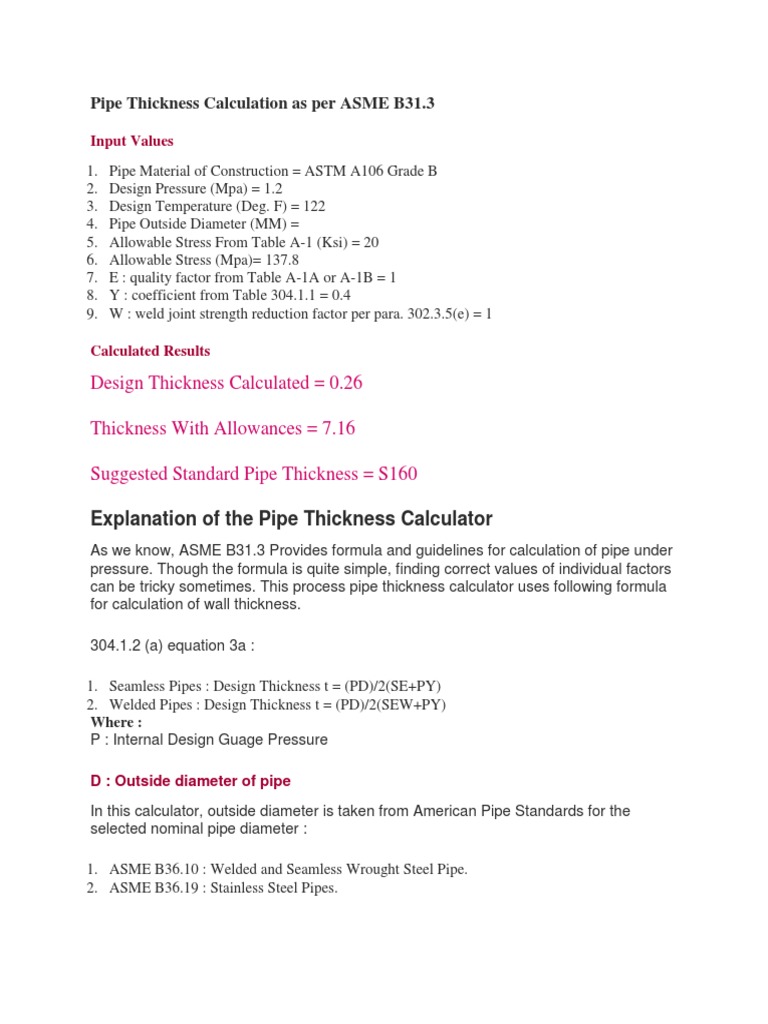 Pipe Thickness Calculation As Per ASME B31.3 | PDF | Pipe (Fluid ...