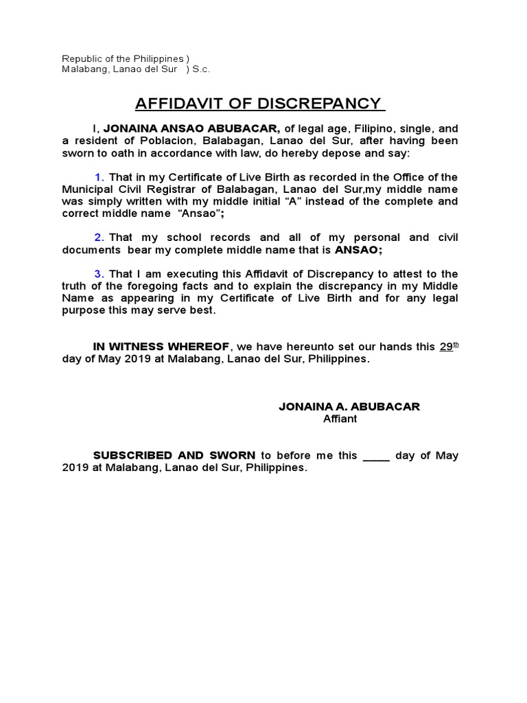 AFFIDAVIT - No Middle Name | PDF | Affidavit | Evidence