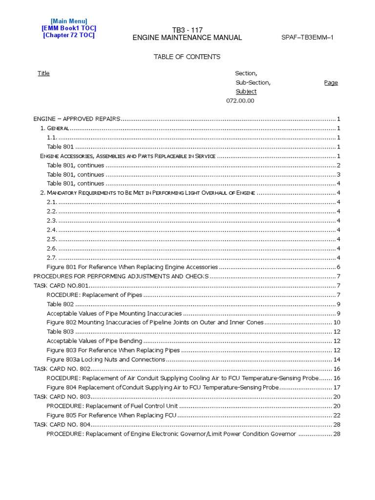 TB3 - 117 Engine Maintenance Manual: (EMM Book1 TOC) (Chapter 72 TOC ...