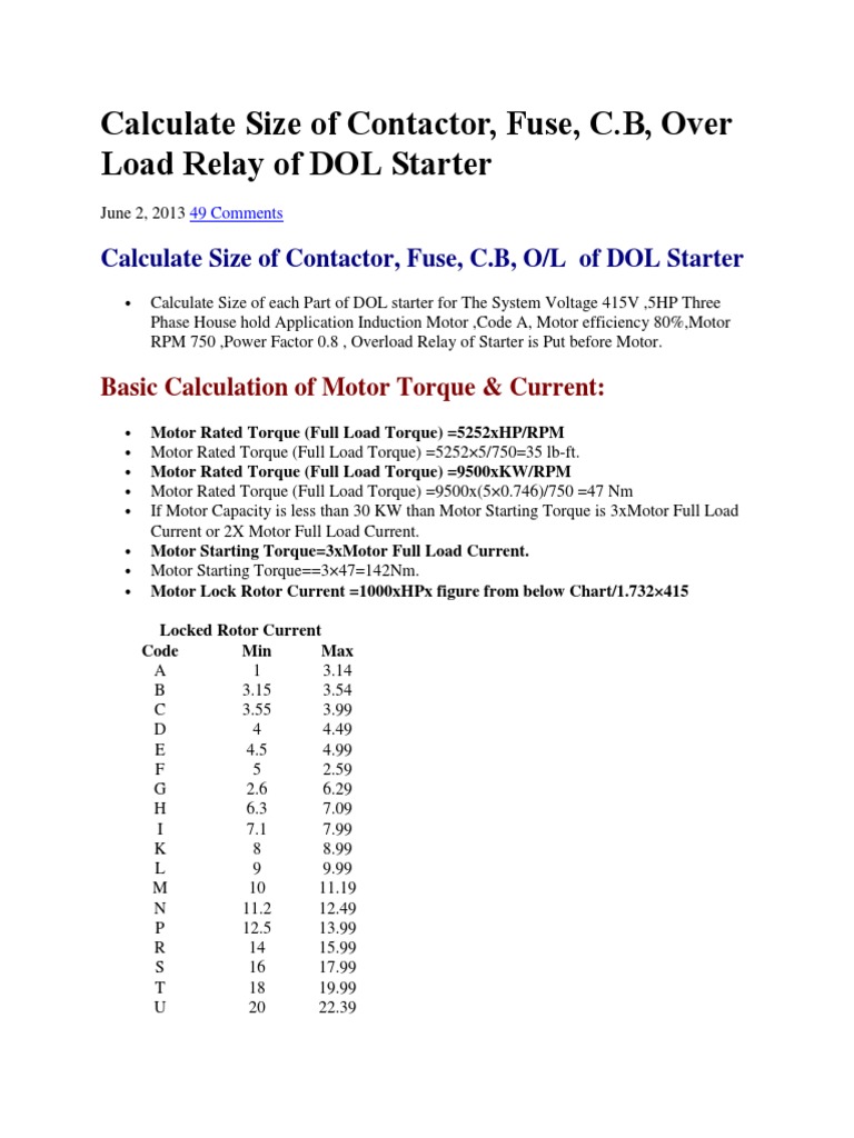 Calculate Size of Contactor | PDF | Electric Motor | Fuse (Electrical)