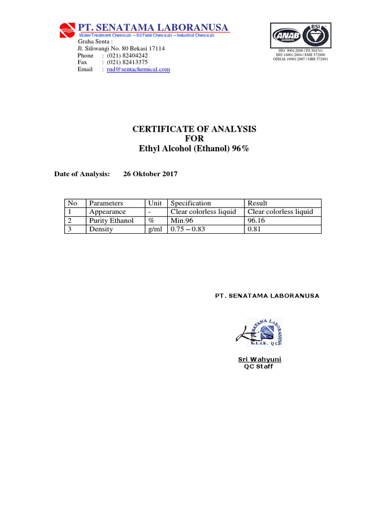 COA Ethanol 96% | PDF