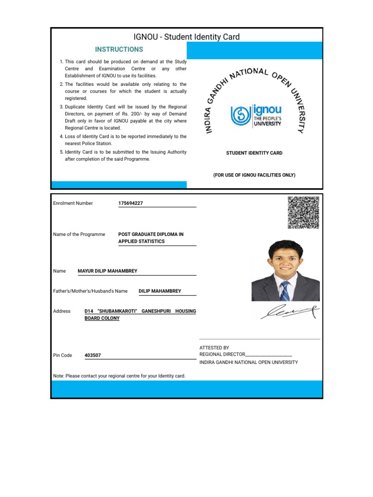 IGNOU - Student Identity Card: Instructions | PDF