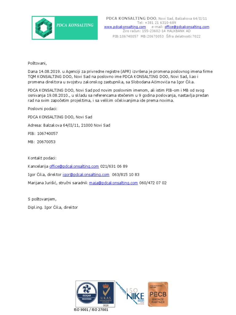 Obaveštenje o Promeni Poslovnog Imena 14082019