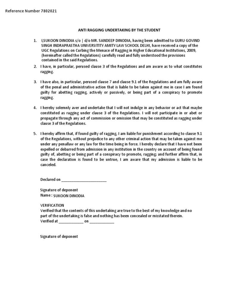 Reference Number 7802021: Anti Ragging Undertaking by The Student | PDF ...