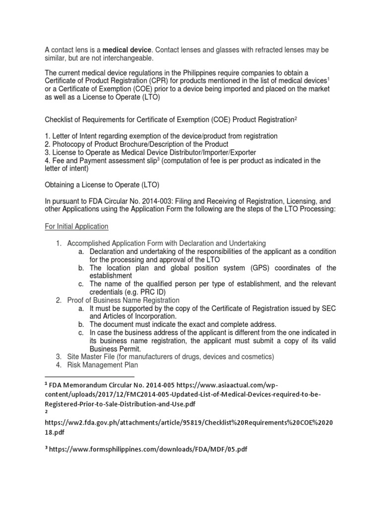 Research Re Obtaining An LTO and COE | PDF | Medical Device | Food And ...