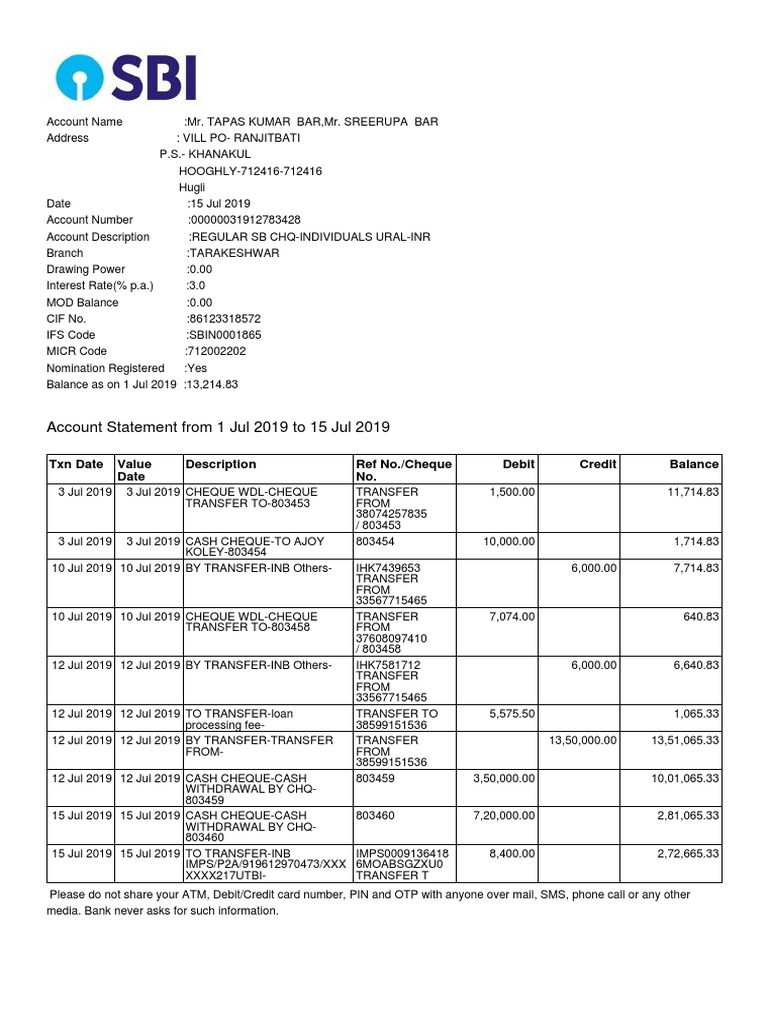 Account Statement From 1 Jul 2019 To 15 Jul 2019: TXN Date Value Date Description Ref No./Cheque ...