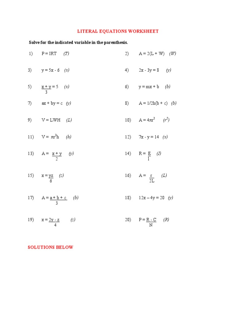 Solve For The Indicated Variable in The Parenthesis.: Literal Equations ...