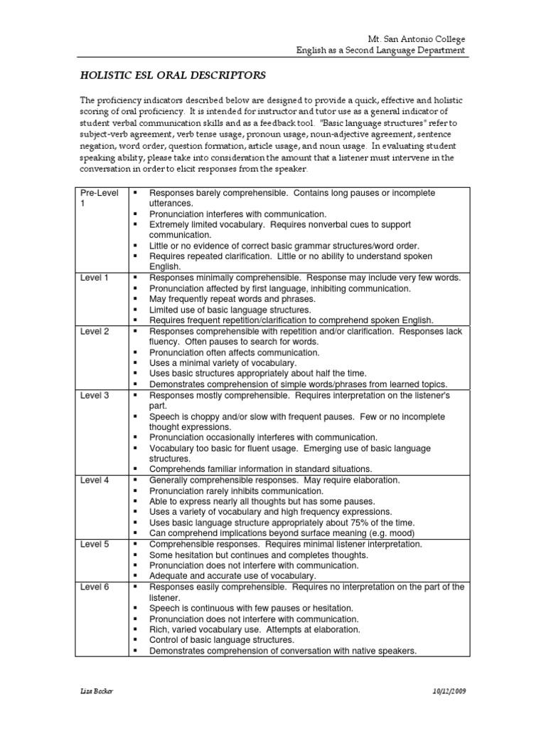 Esl Oral Descriptors | Download Free PDF | English Language | Vocabulary