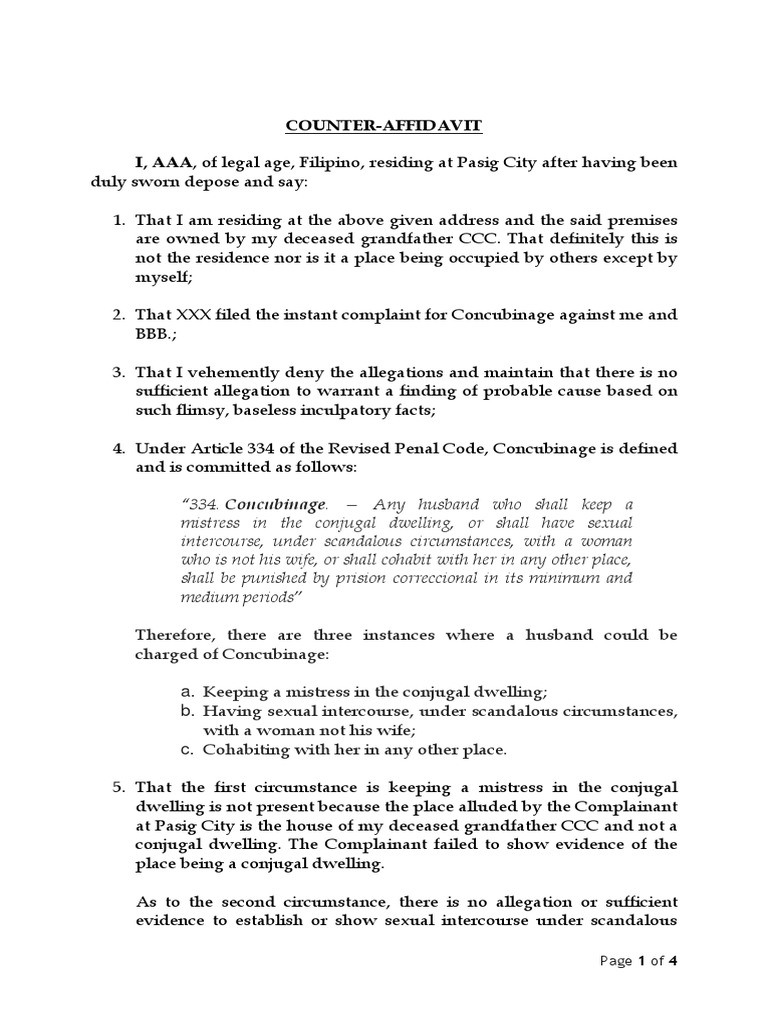 Counter-Affidavit I, AAA, of Legal Age, Filipino, Residing at Pasig City After Having Been | PDF ...