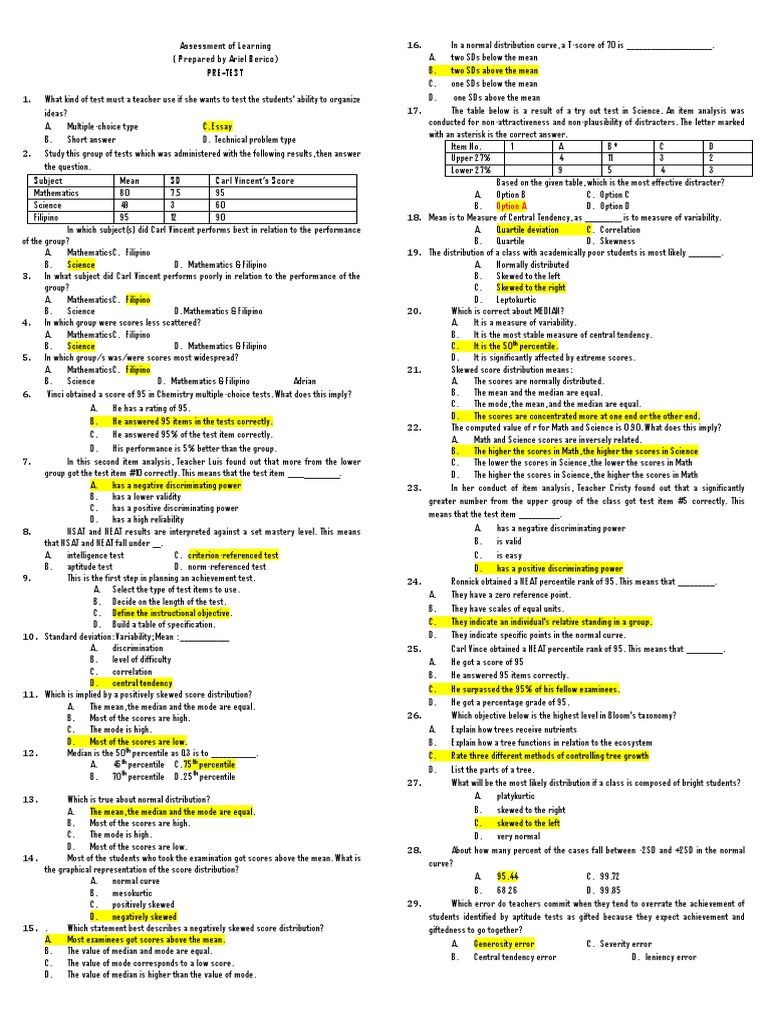 Pre Test Q and A | PDF | Test (Assessment) | Mean