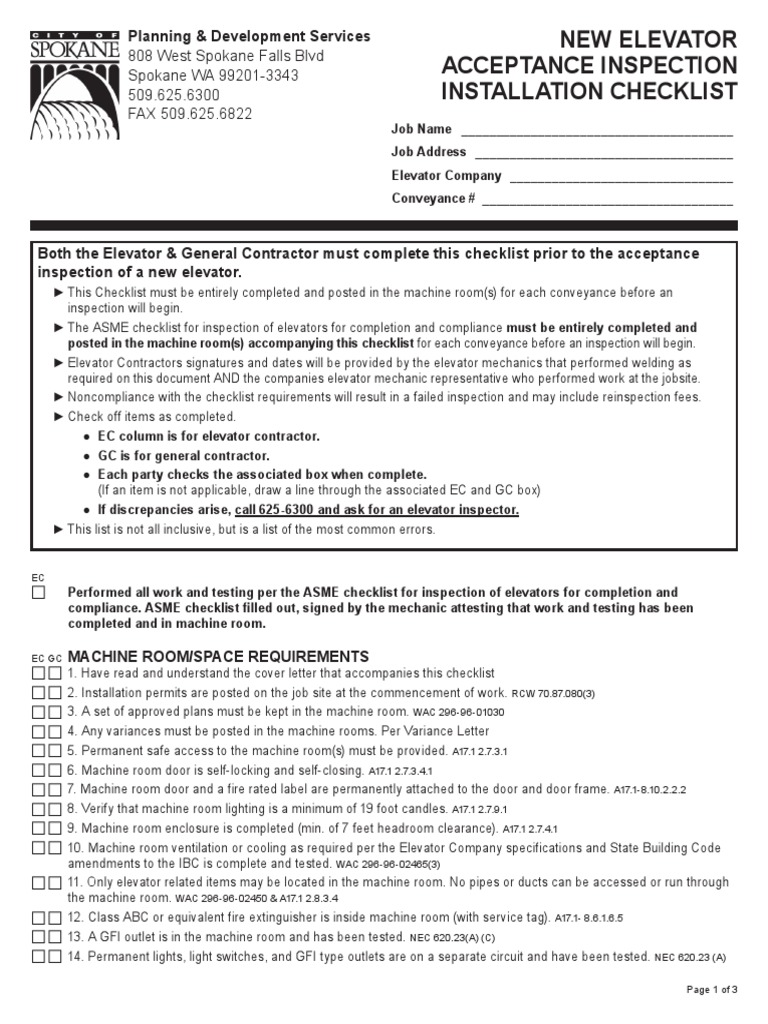 New Elevator Acceptance Inspection Installation Checklist | PDF ...