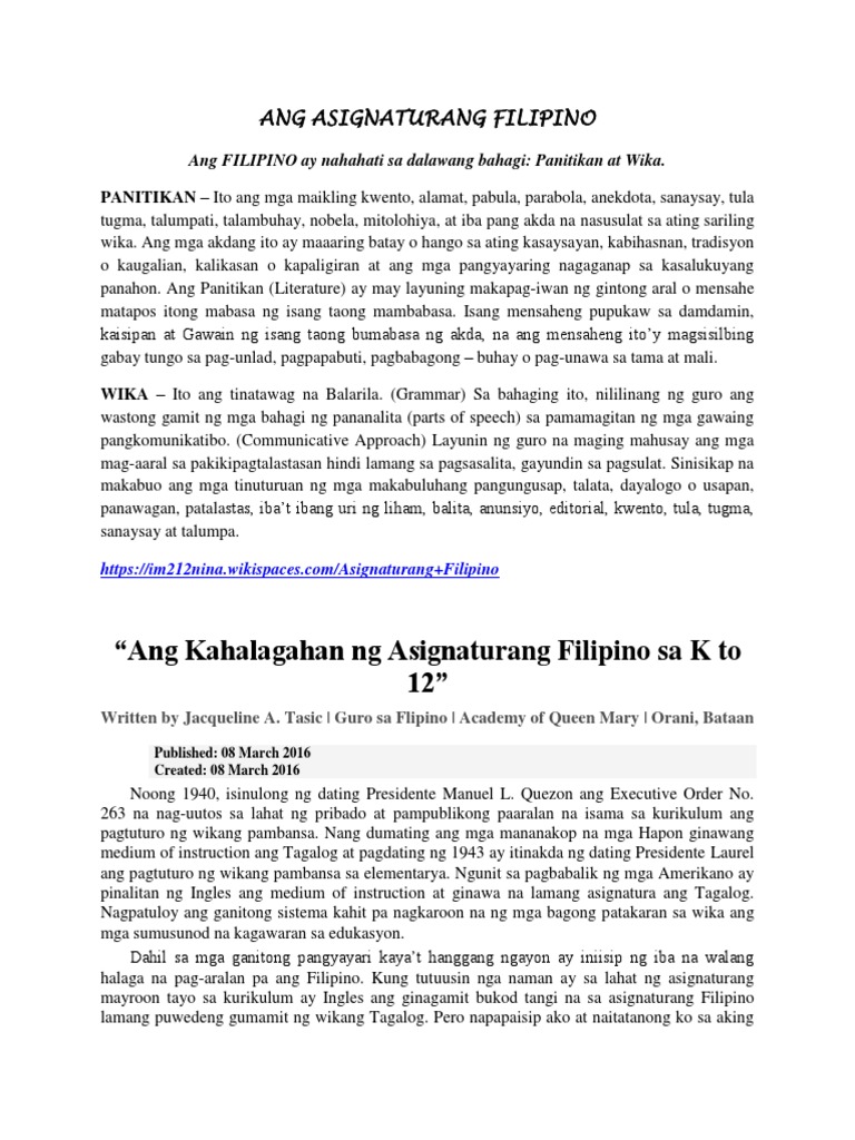 Kahalagahan NG Asignaturang Filipino | PDF