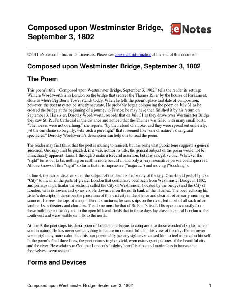 Composed Upon Westminster Bridge September 3 1802 427861 | PDF ...