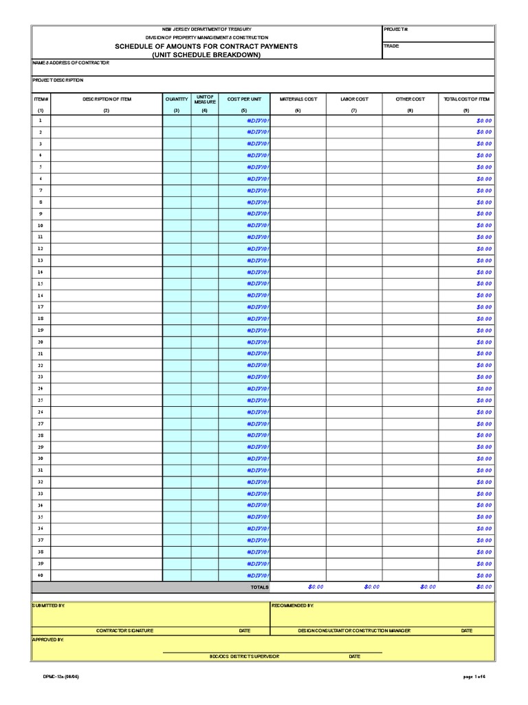 DPMC-12a, Unit Schedule Breakdown | PDF | Construction Management | Cost