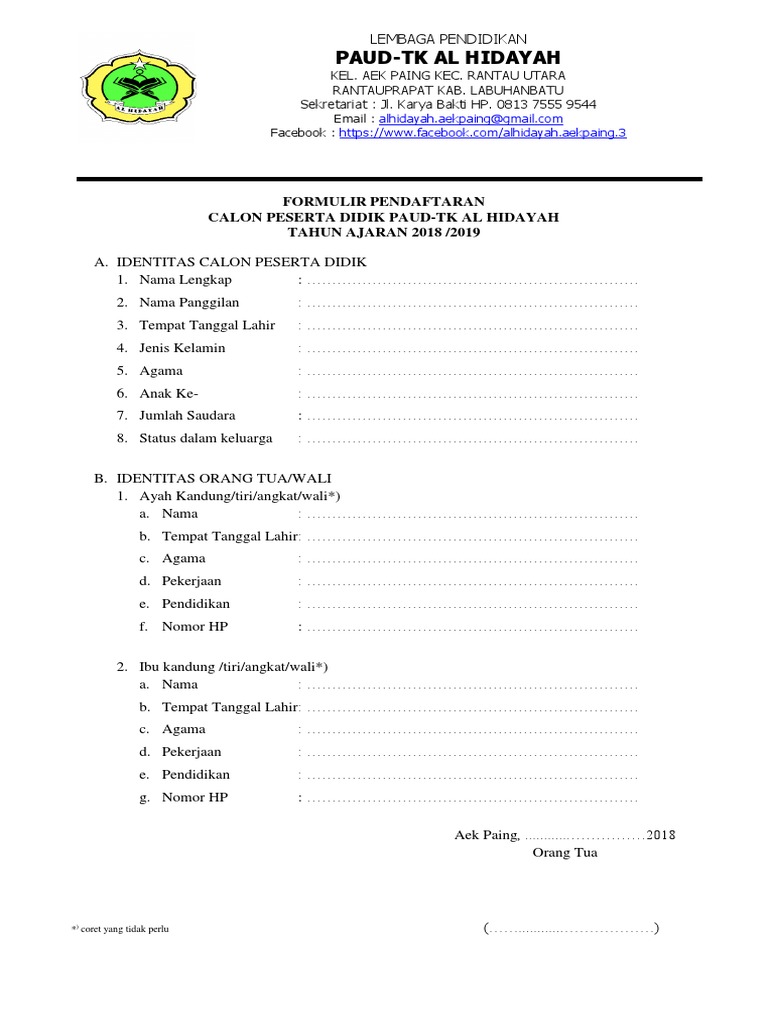 Formulir Pendaftaran Paud TK PKBM | PDF