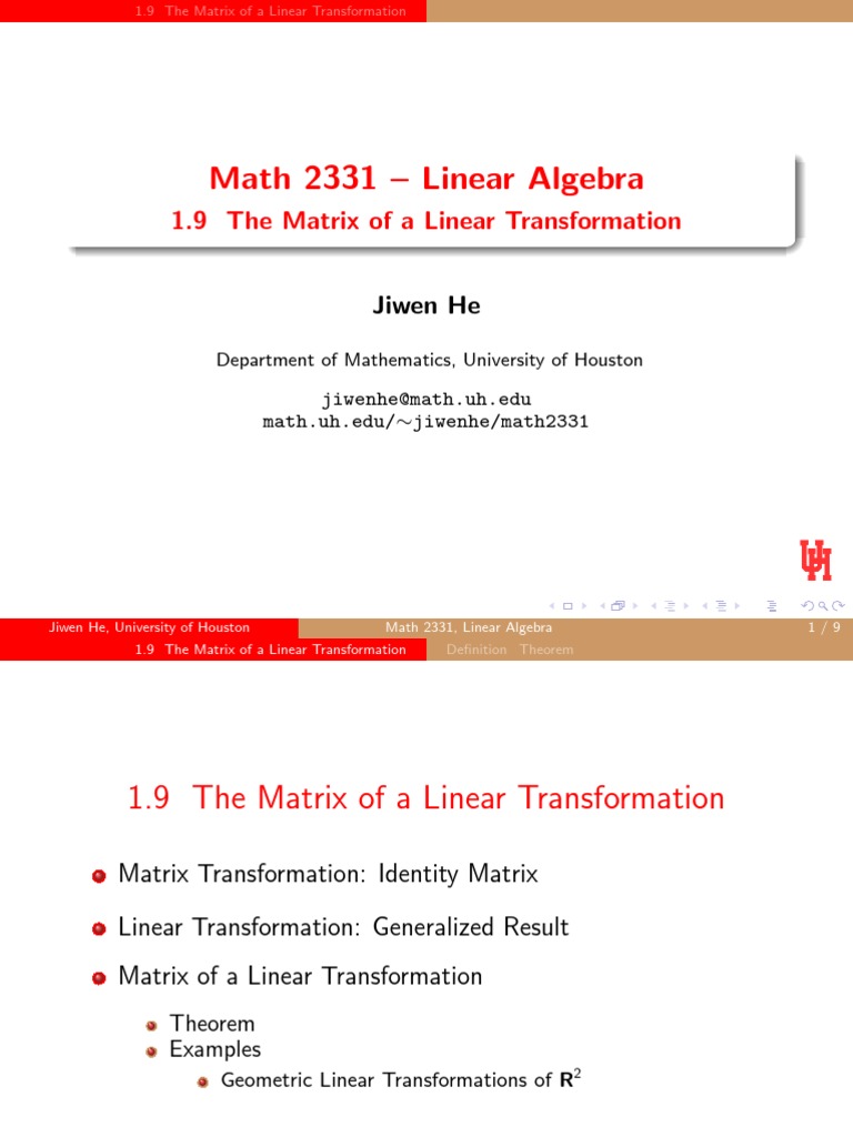Math 2331 - Linear Algebra: 1.9 The Matrix of A Linear Transformation ...