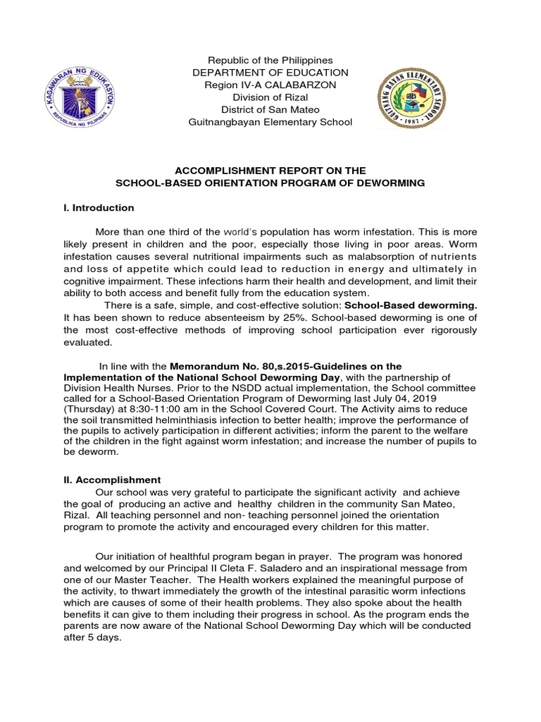 Accomplishment Report of DEWORMING ORIENTATION | PDF | Wellness | Medical