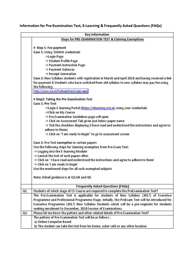 Information For Pre-Examination Test, E-Learning & Frequently Asked ...