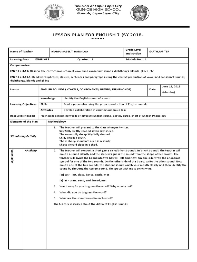 Mastering English Sounds: A Lesson Plan on Vowels, Consonants, Blends ...